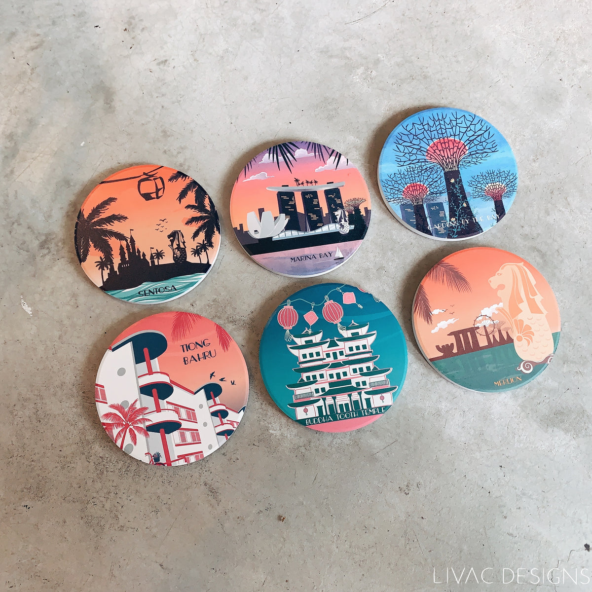 Set of 6 cork-backed coasters - Singapore Images – Livac Designs